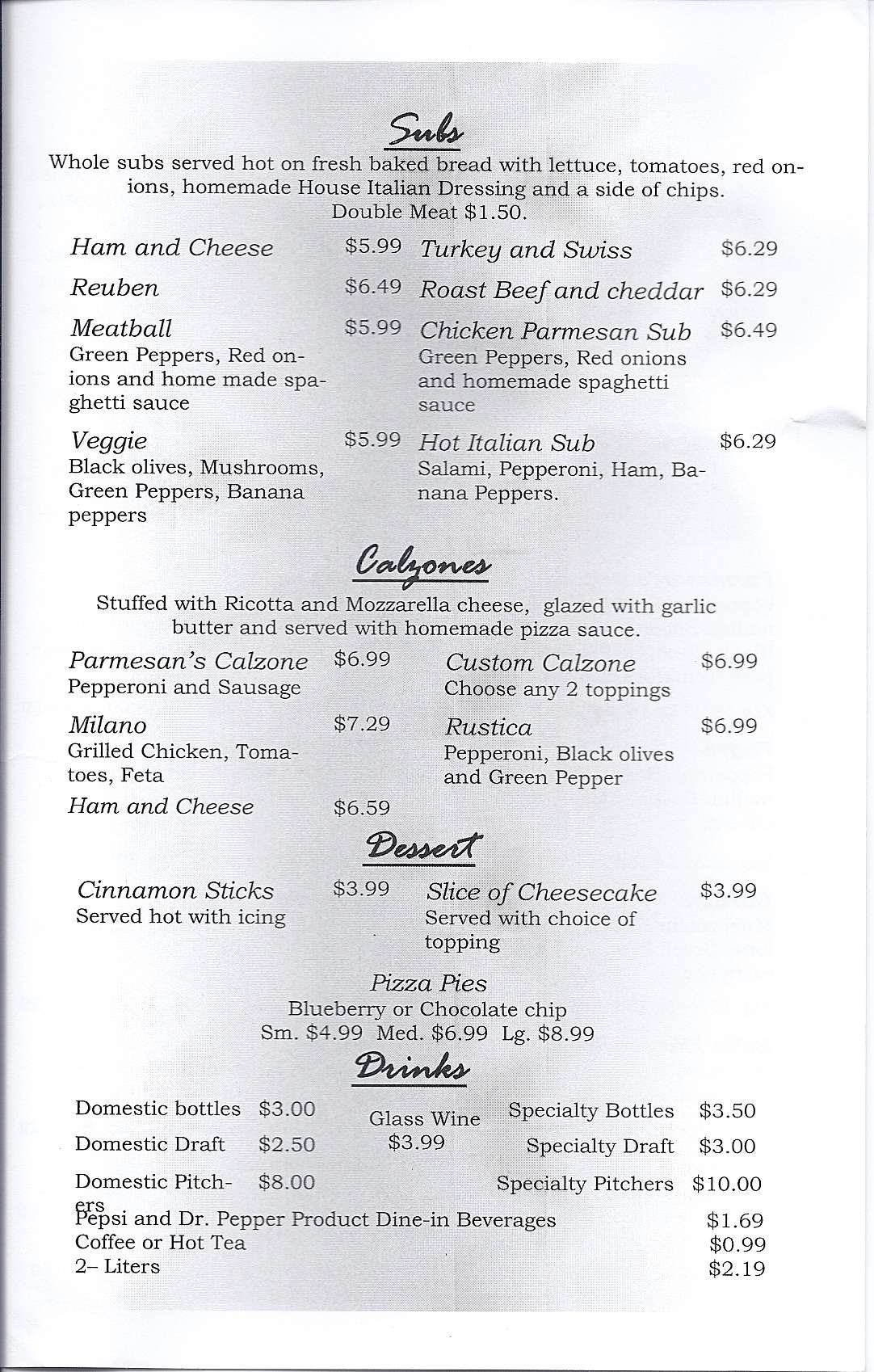 Menu at Parmesan's Pizzeria, Kimberling City