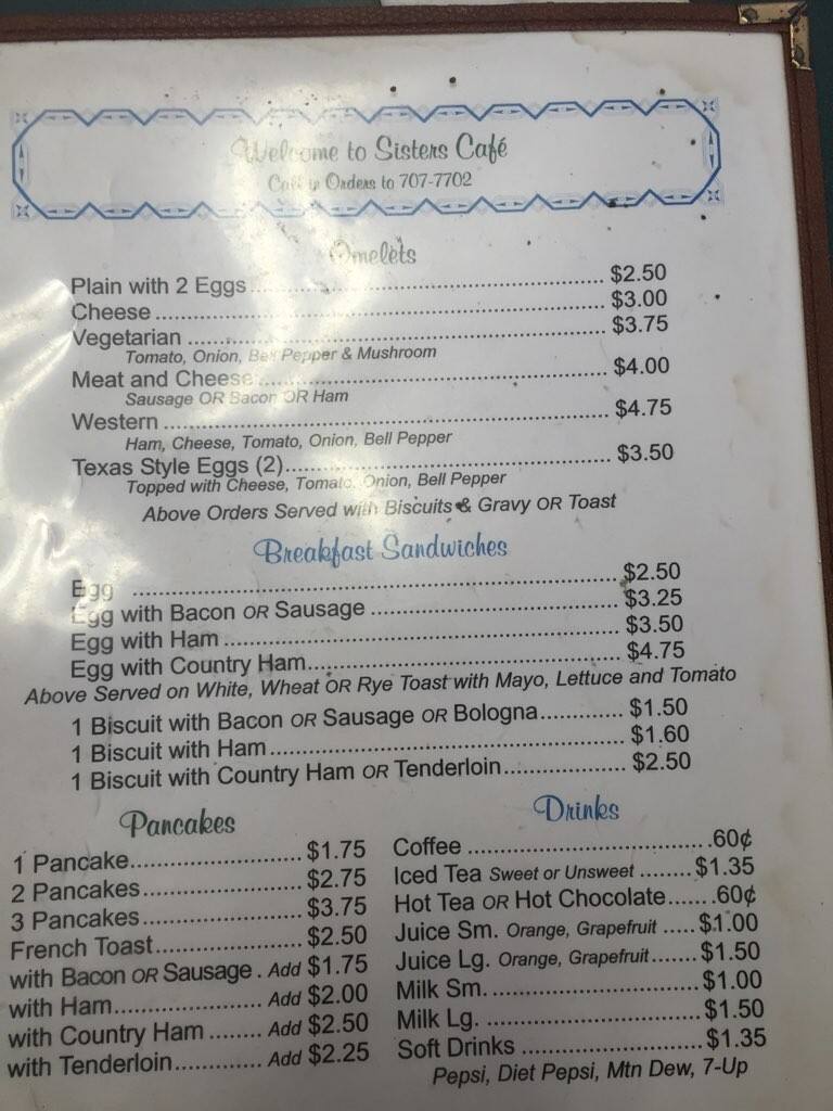 Menu at Sisters Cafe, Crossville, 330 N Main St
