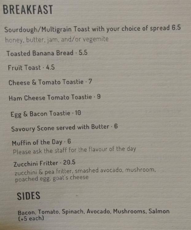 Menu at Cooper and Milla's restaurant, Toorak