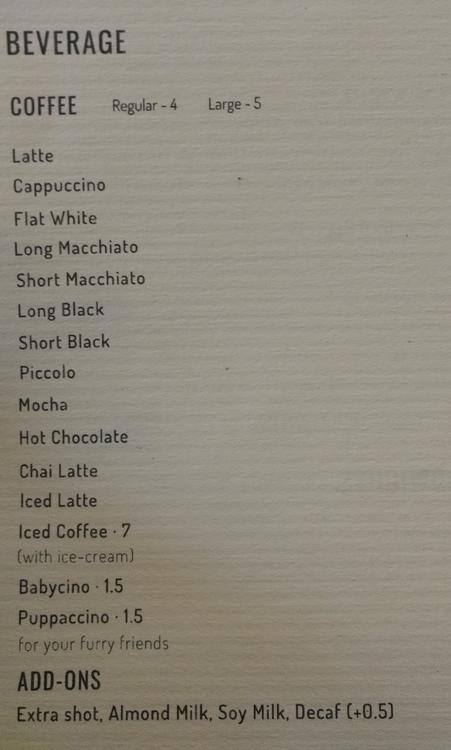 Menu at Cooper and Milla's restaurant, Toorak