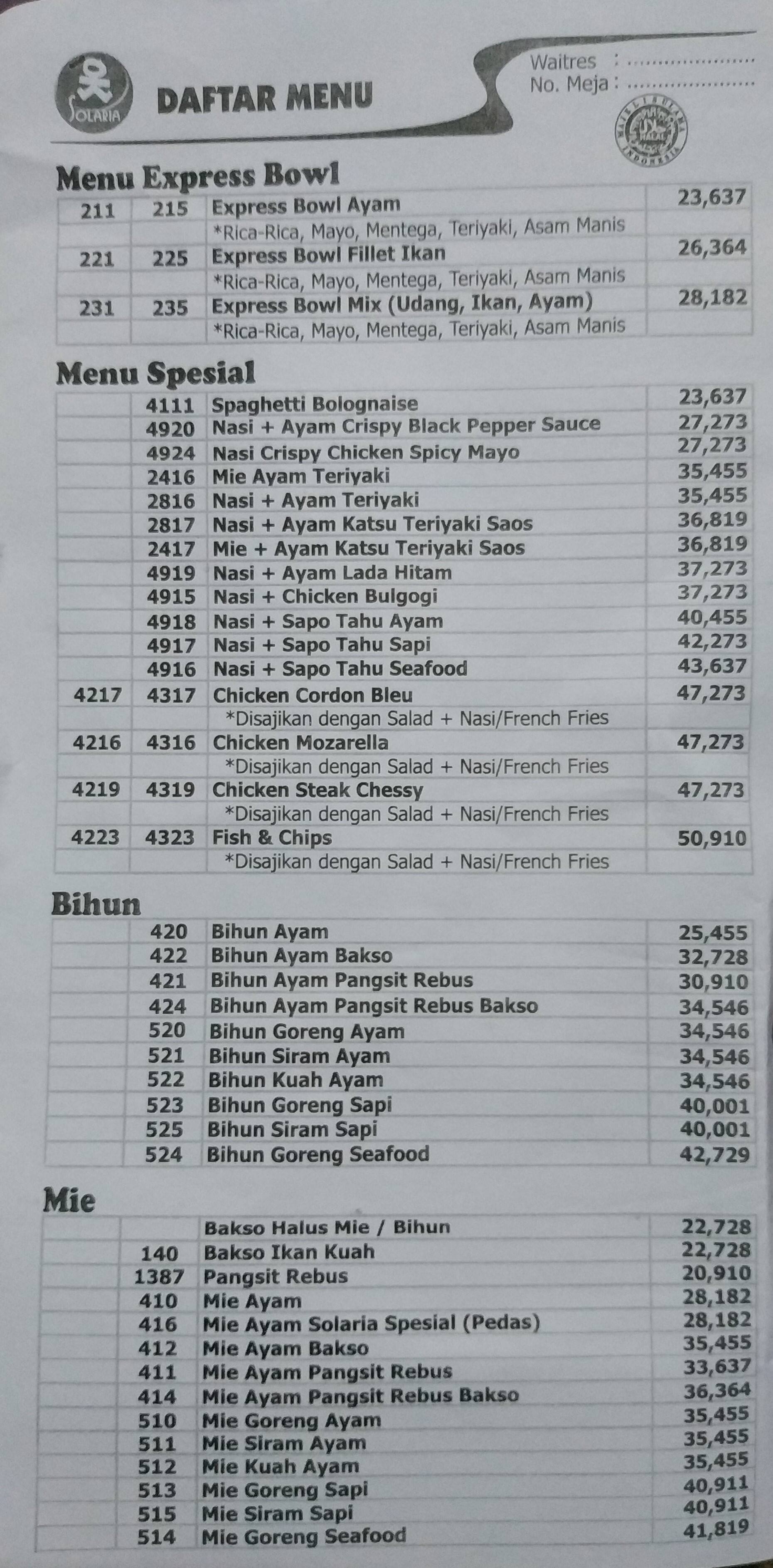 Menu at Solaria One Belpark restaurant, Jakarta, Solaria One Belpark Mall