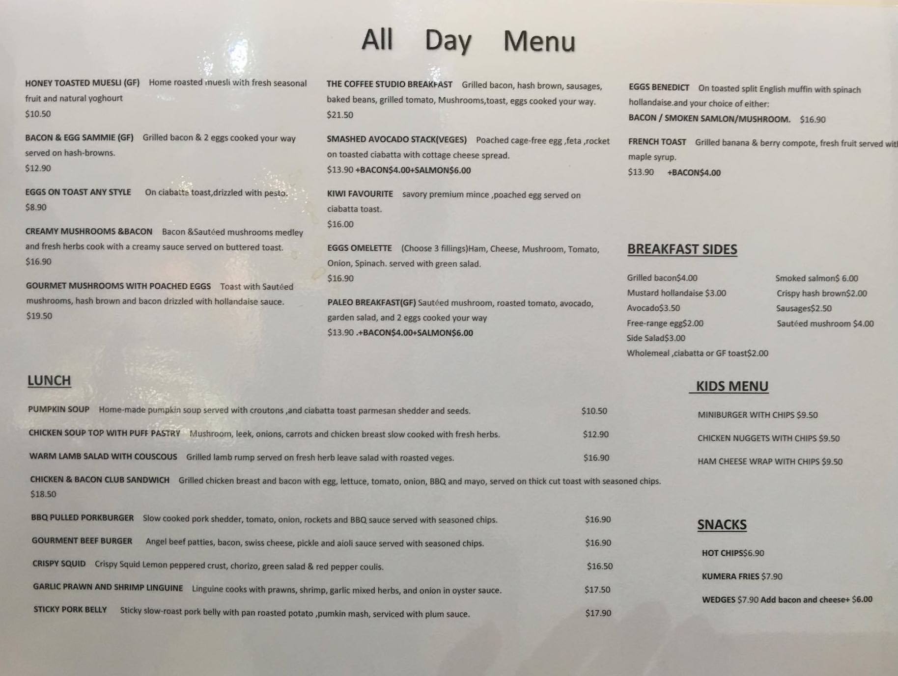 Menu at The Coffee Studio cafe, Hamilton
