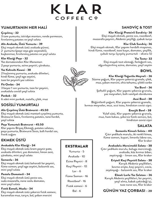 Menu at Klar Coffee, Istanbul