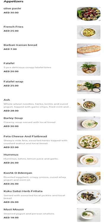 Menu of Sofreh, Jumeirah Lake Towers (JLT), Dubai
