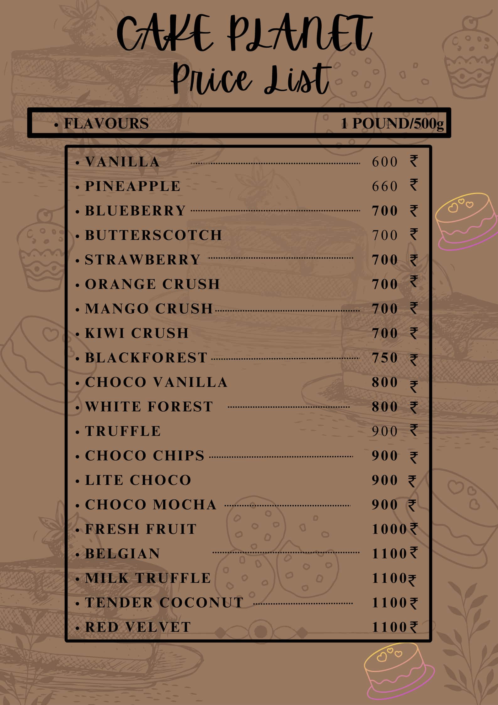 Menu of Cake Planet, Hajipur, Noida