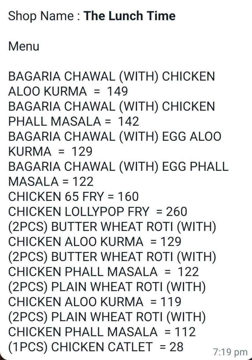 Menu of The Lunch Time, Semmancheri, Chennai