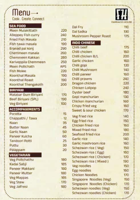Menu of Farrago House Eatery, Peringavu, Thrissur