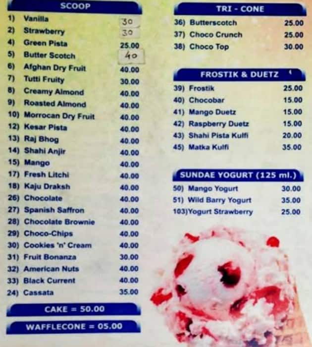 Amul Ice Cream Parlour Menu