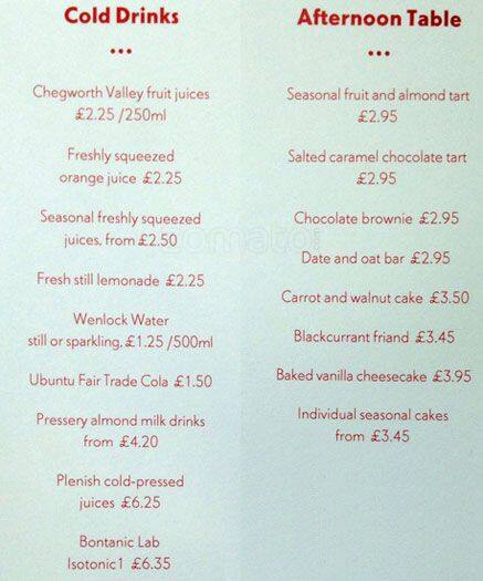 Menu at Melrose and Morgan cafe, London, 42 Gloucester Ave
