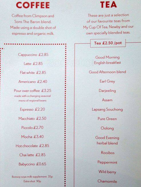 Menu at Melrose and Morgan cafe, London, 42 Gloucester Ave
