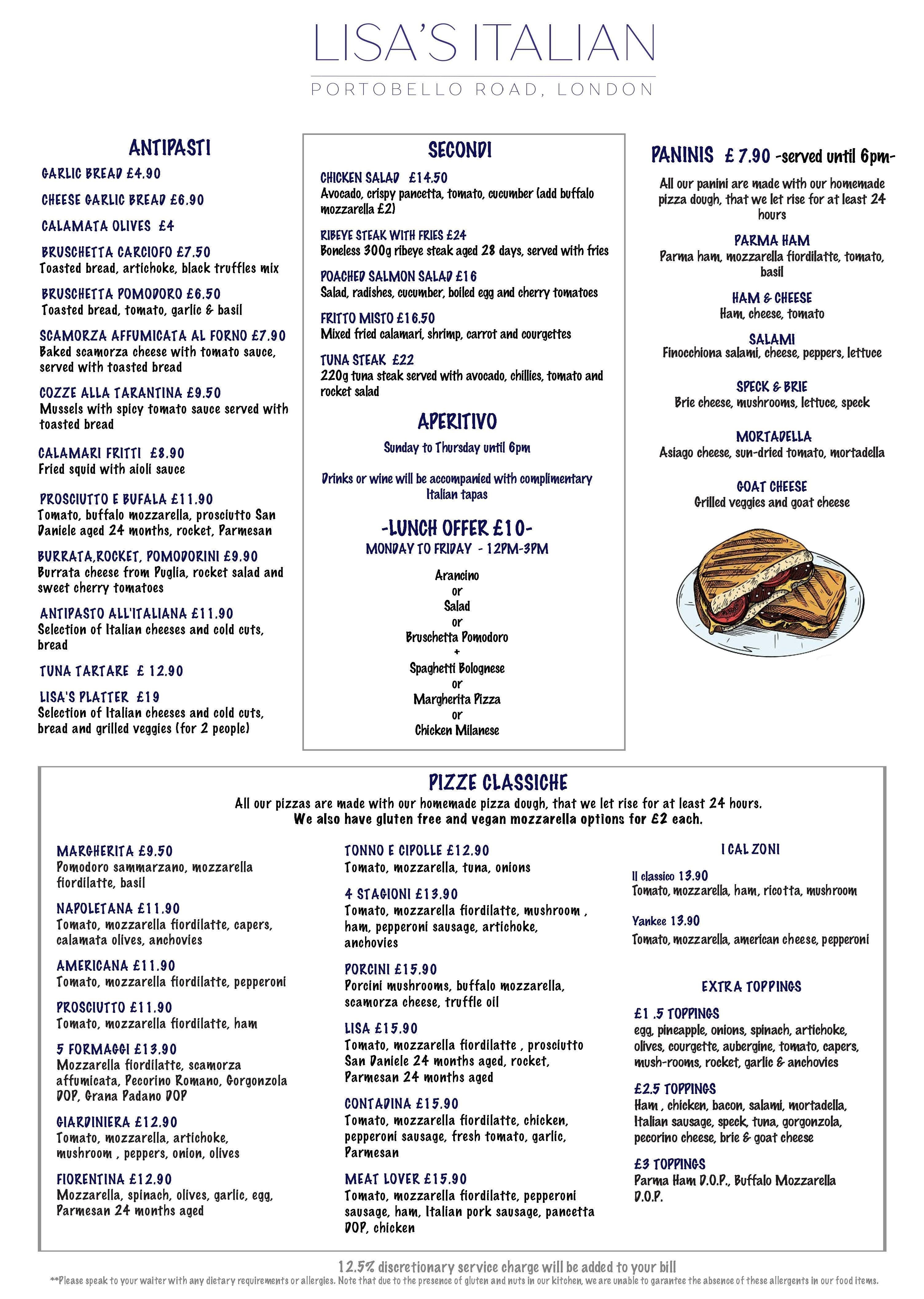 Menu at Lisa's restaurant, London, 305 Portobello Rd