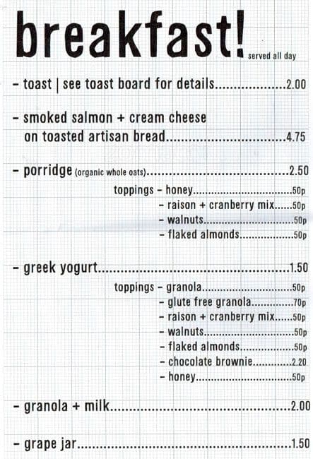 Menu at Fig + Sparrow cafe, Manchester