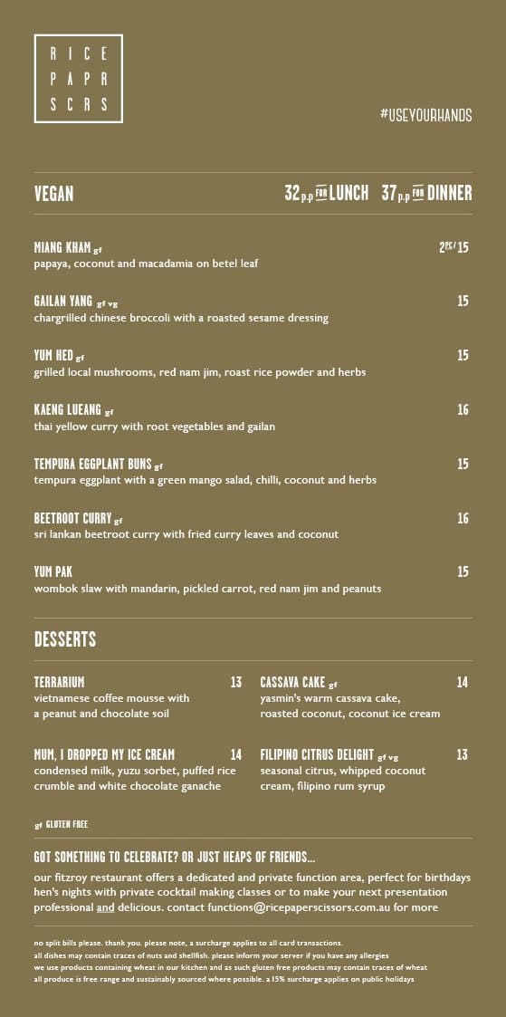 Menu at Rice Paper Scissors restaurant, Melbourne, 15 Hardware Ln