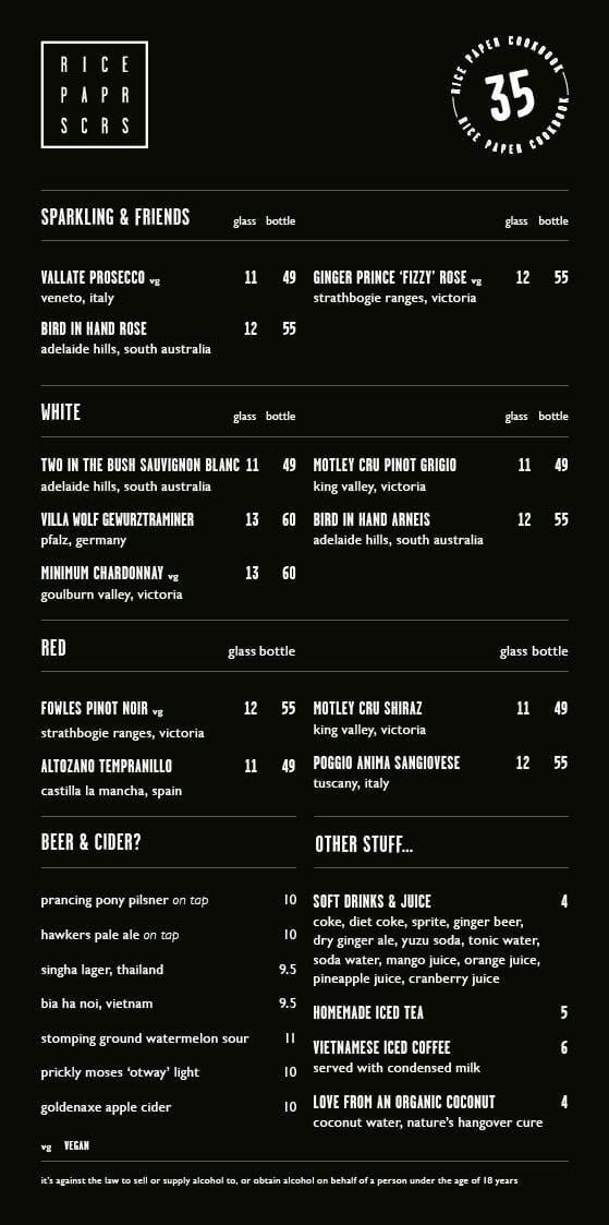 Menu at Rice Paper Scissors restaurant, Melbourne, 15 Hardware Ln