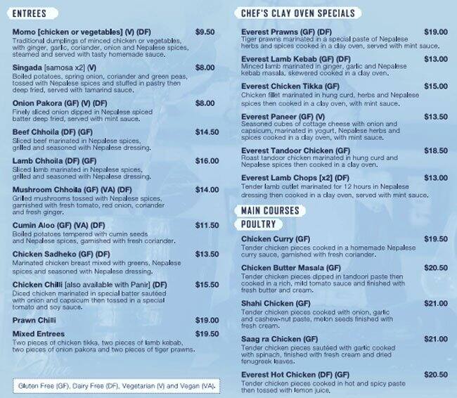 Menu at Everest Nepalese Restaurant & Cafe, Manning