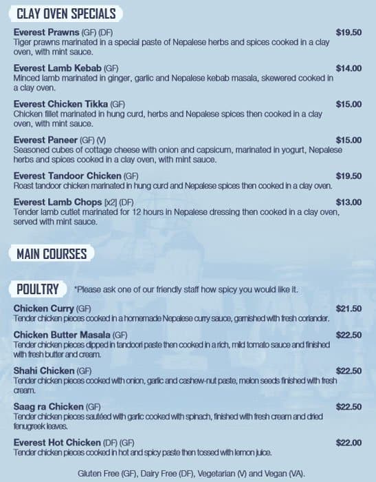 Menu at Everest Nepalese Restaurant & Cafe, Manning