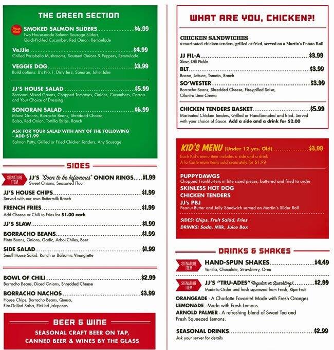 Menu at JJ's restaurant, Charlotte, East Blvd