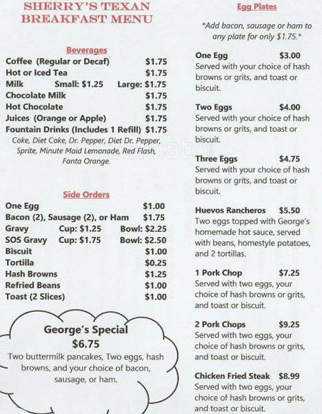 Menu at Sherry's Texan restaurant, San Antonio, 606 Pleasanton Rd