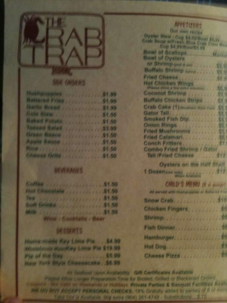 Menu at The Crab Trap pub & bar, Fernandina Beach