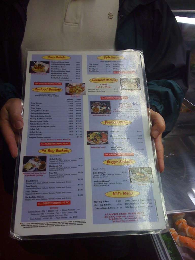 Menu at Dirty Al's restaurant, South Padre Island, State Park Rd 100