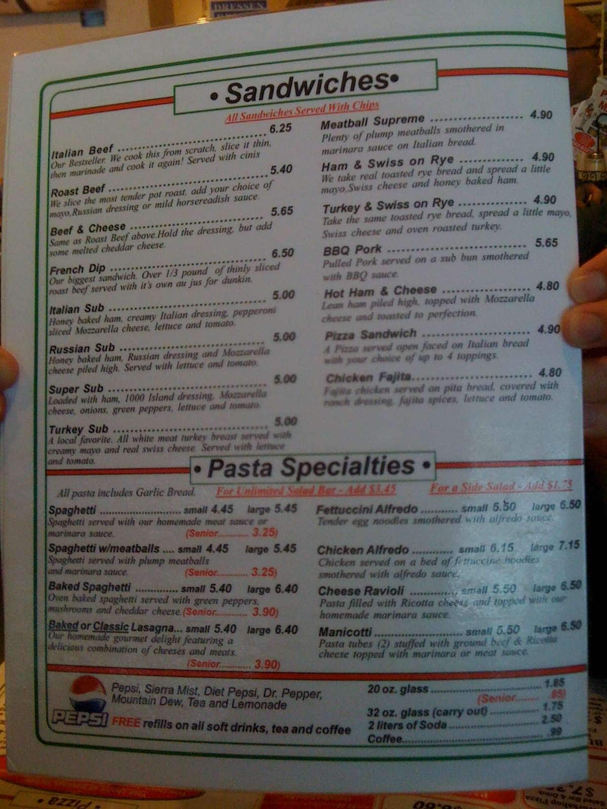 Menu at Pizza Man pizzeria, Pana