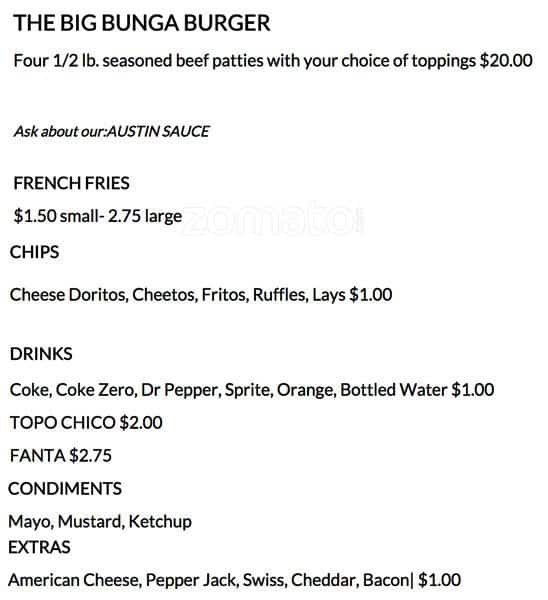 Menu at Cowabunga Burgers, Austin