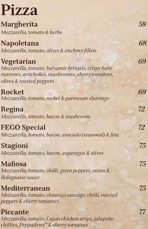 Menu at FEGO Caffé cafe, Bloemfontein, U54