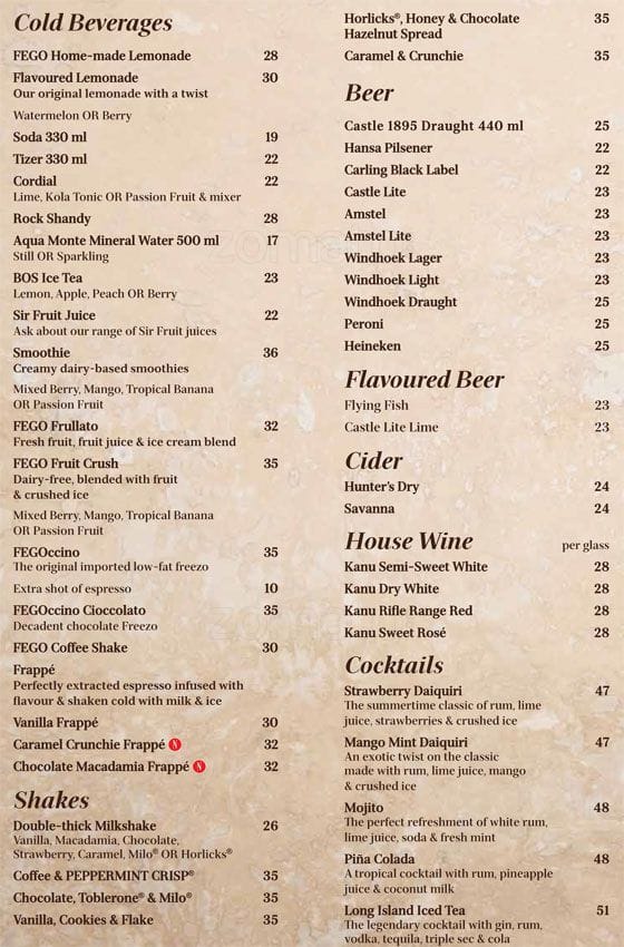 Menu at FEGO Caffé cafe, Bloemfontein, U54