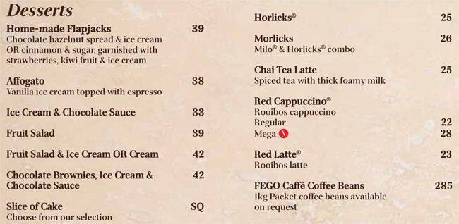 Menu at FEGO Caffé cafe, Bloemfontein, U54