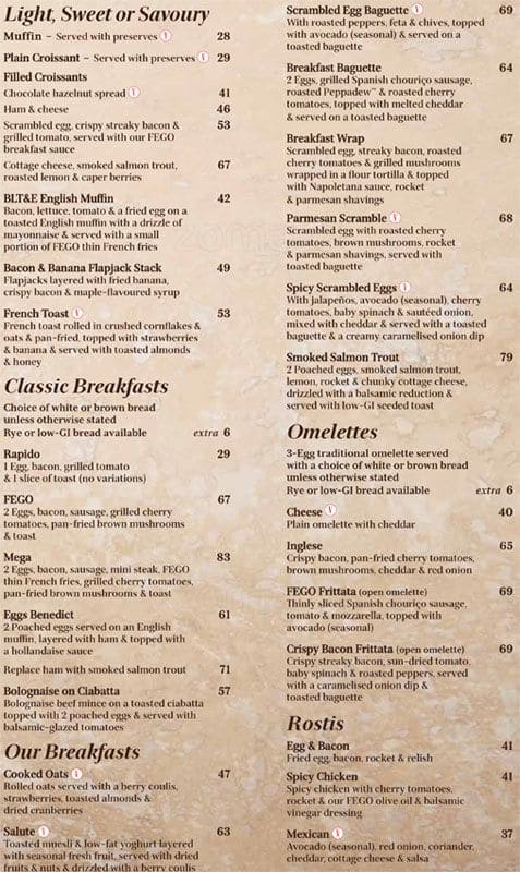 Menu at FEGO Caffé cafe, Bloemfontein, U54