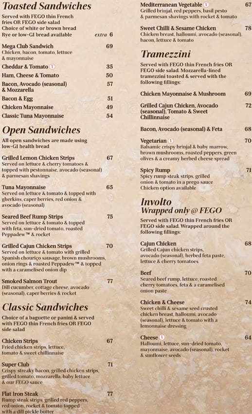 Menu at FEGO Caffé cafe, Bloemfontein, U54