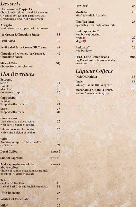 Menu at FEGO Caffé cafe, Bloemfontein, U54