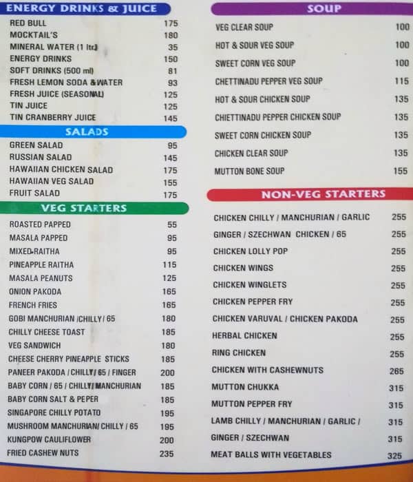 Menu at The Kanchi Residency, Chennai