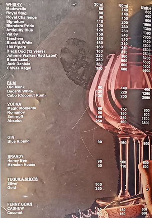 Menu of Punjabi Handi, Calangute, Goa