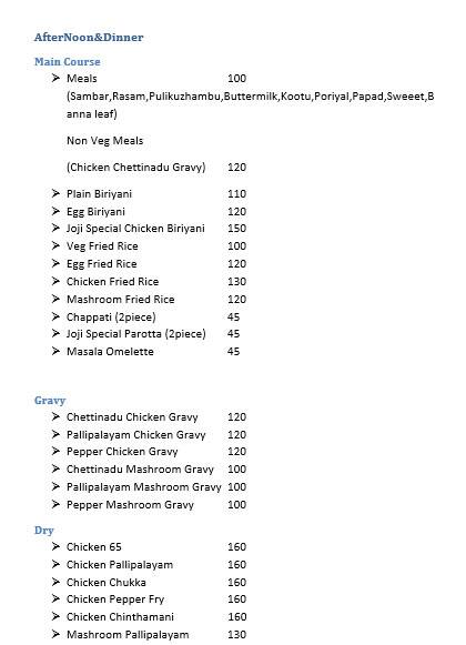 Menu at JOJI Restaurant, Coimbatore