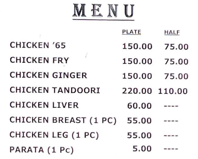 Menu of Chicken Bandi, Abids, Hyderabad