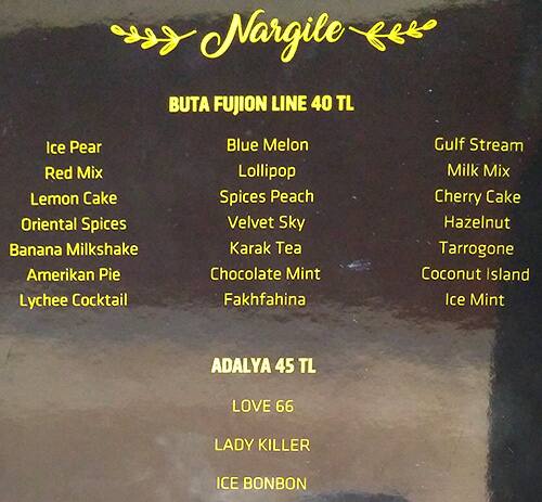 Menu at Gemi Hanedan Cafe Nargile, Istanbul