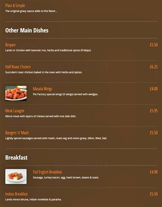 Menu at Pie Factory desserts, London, 103 Whitechapel Rd