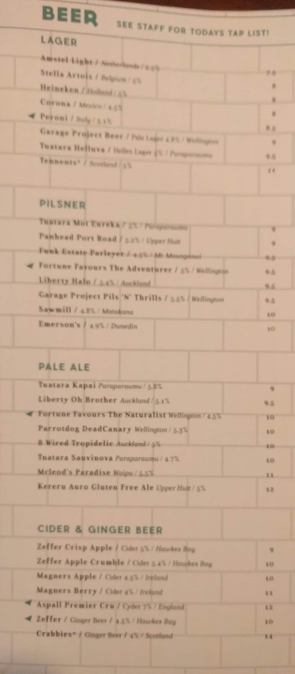 Menu at One Fat Bird restaurant, Wellington