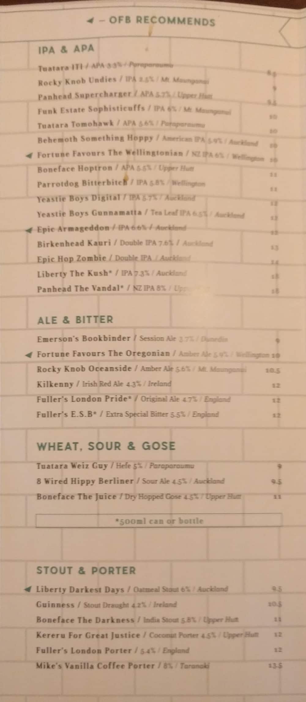 Menu at One Fat Bird restaurant, Wellington