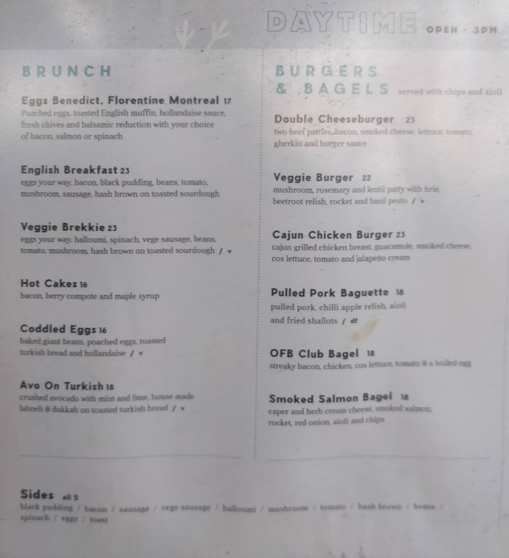 Menu at One Fat Bird restaurant, Wellington