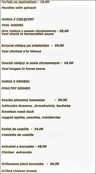 Menu at Wiejska Chata restaurant, Łomianki, księcia Józefa Poniatowskiego 4
