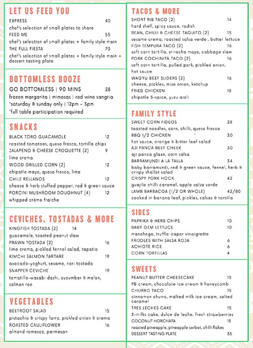 Menu at The Black Toro restaurant, Glen Waverley