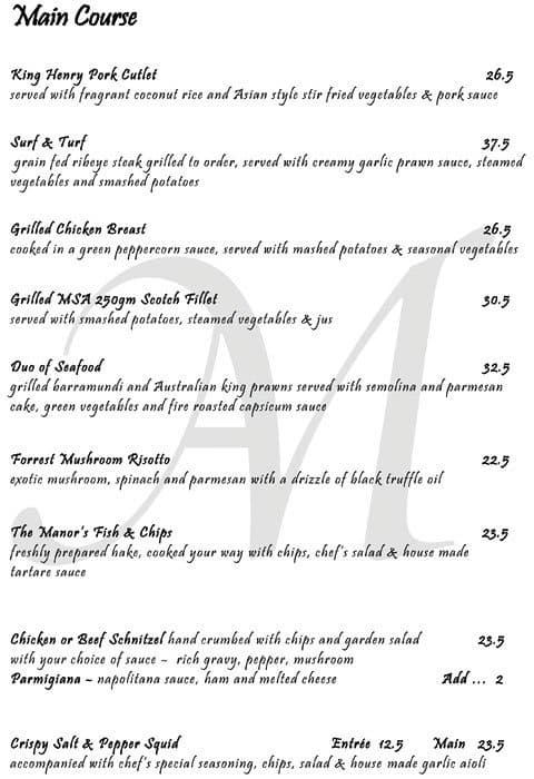 Menu at Adelaide Manor & De Veers Restaurant, Gepps Cross