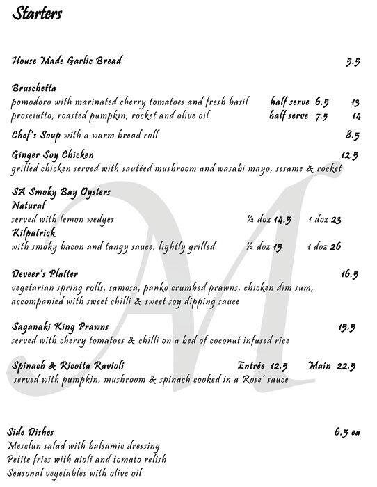 Menu at Adelaide Manor & De Veers Restaurant, Gepps Cross