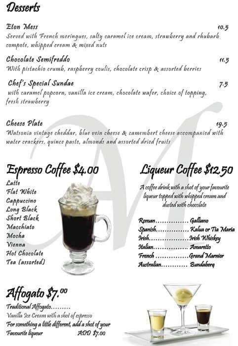 Menu at Adelaide Manor & De Veers Restaurant, Gepps Cross