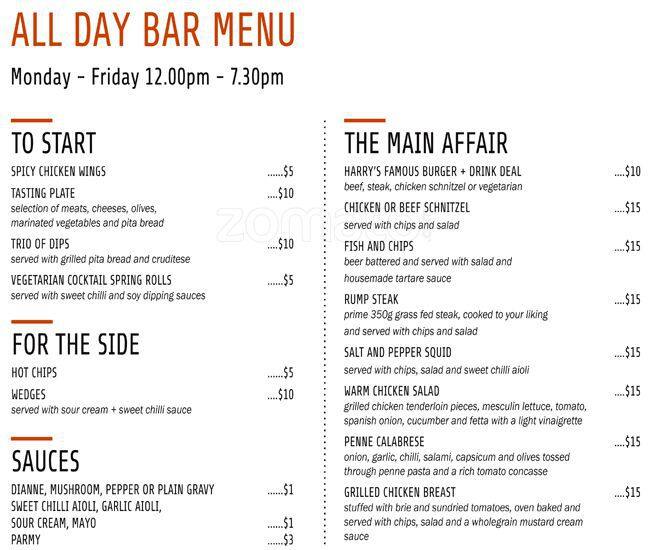Menu at Harry's Bar, Adelaide