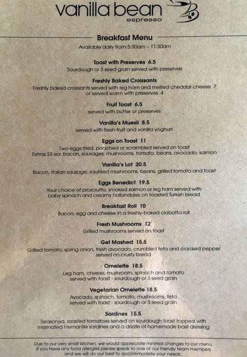 Vanilla Bean Menu, Menu for Vanilla Bean, Fremantle, Perth - Urbanspoon ...
