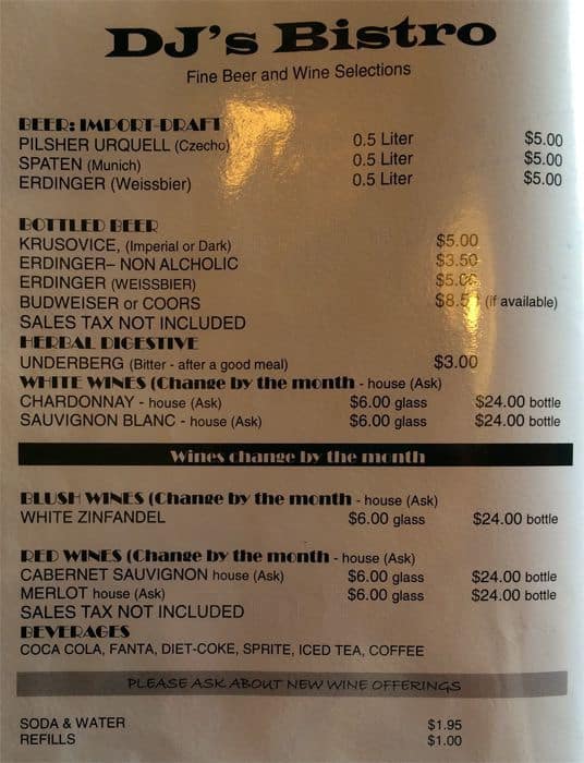 Menu at DJ's Bistro restaurant, Concord