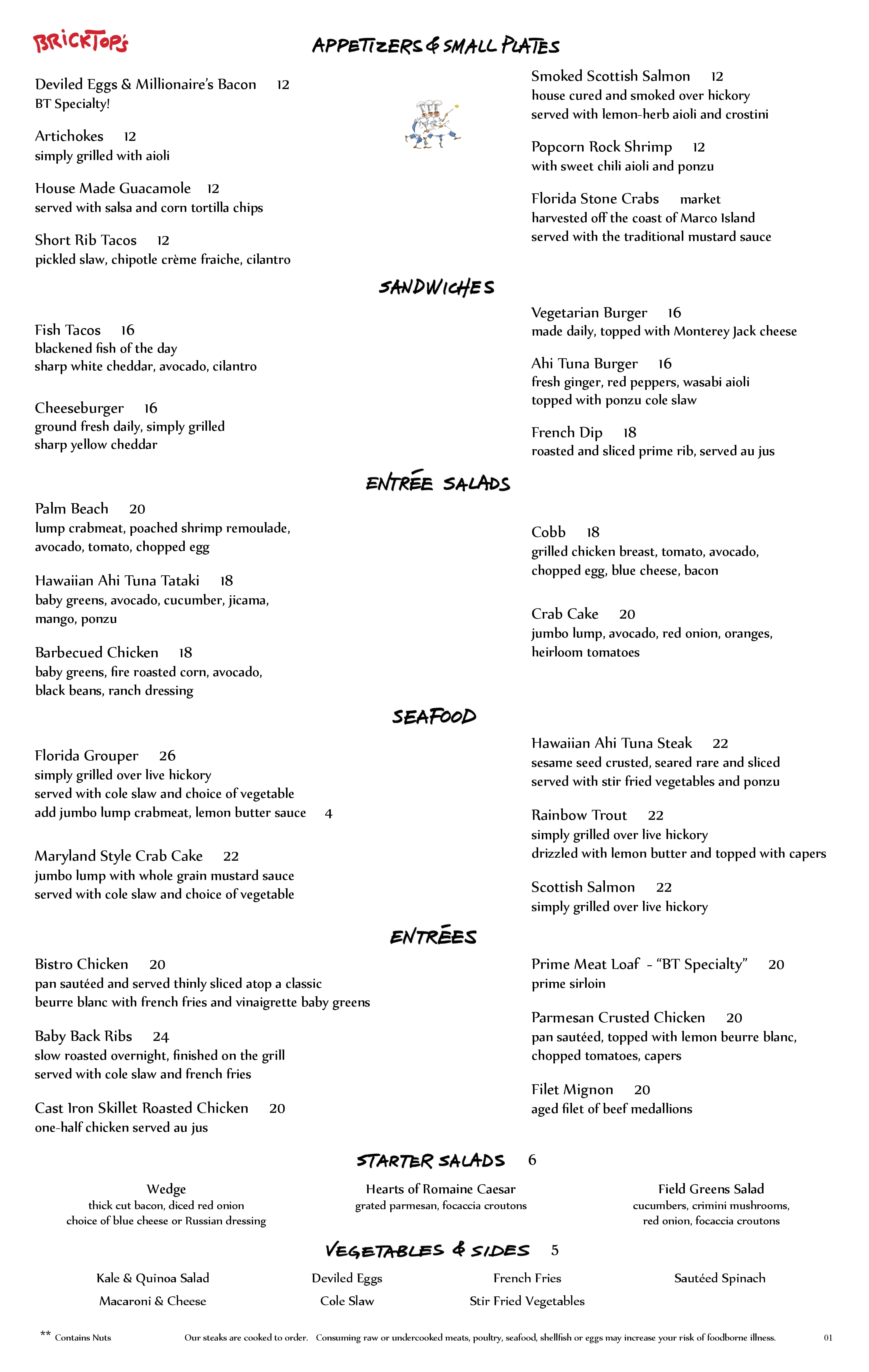 Menu at BrickTop's restaurant, Naples, Tamiami Trail N